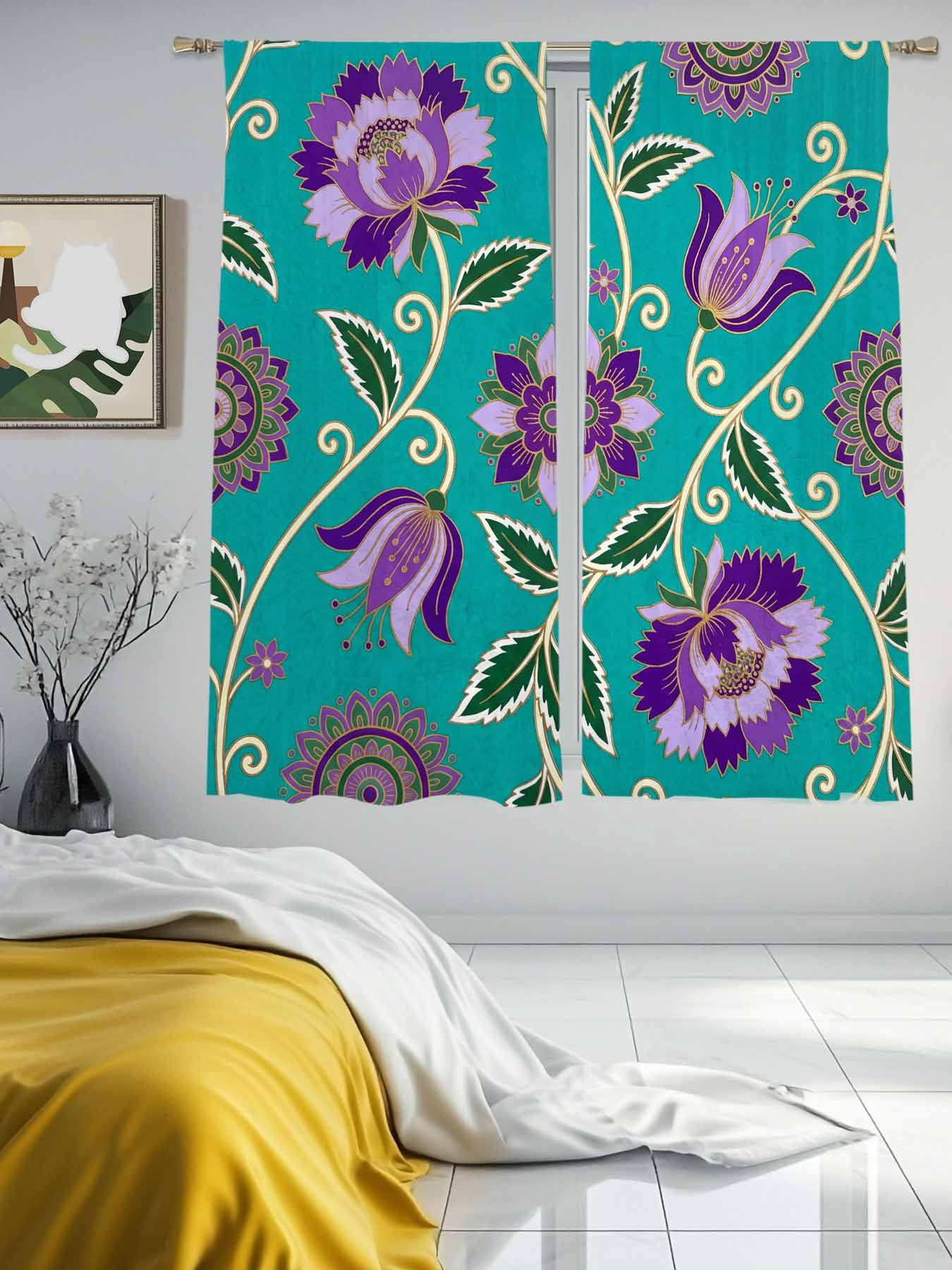 Bohemian Purple Flowers Chiffon Sheer Curtains 63 Inches Long Paisley ...