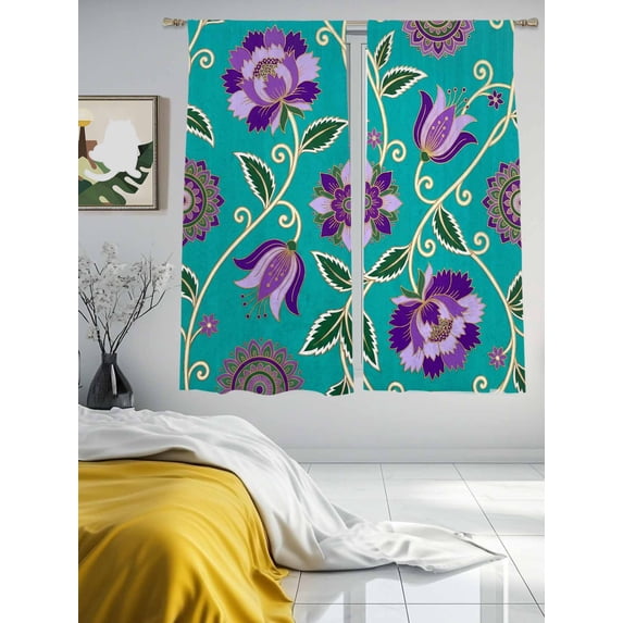 Bohemian Purple Flowers Chiffon Sheer Curtains 63 Inches Long Paisley ...