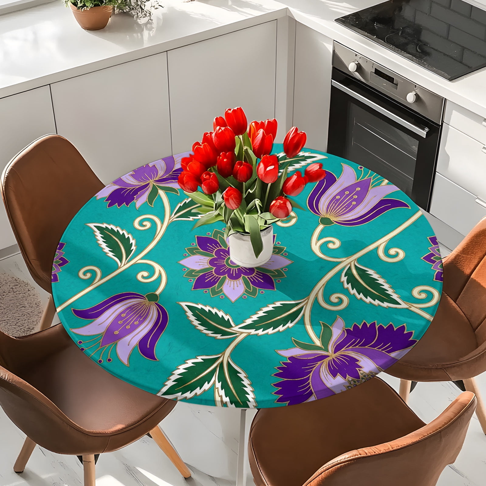 Bohemian Purple Flowers Round Fitted Tablecloth with Elastic Edge ...