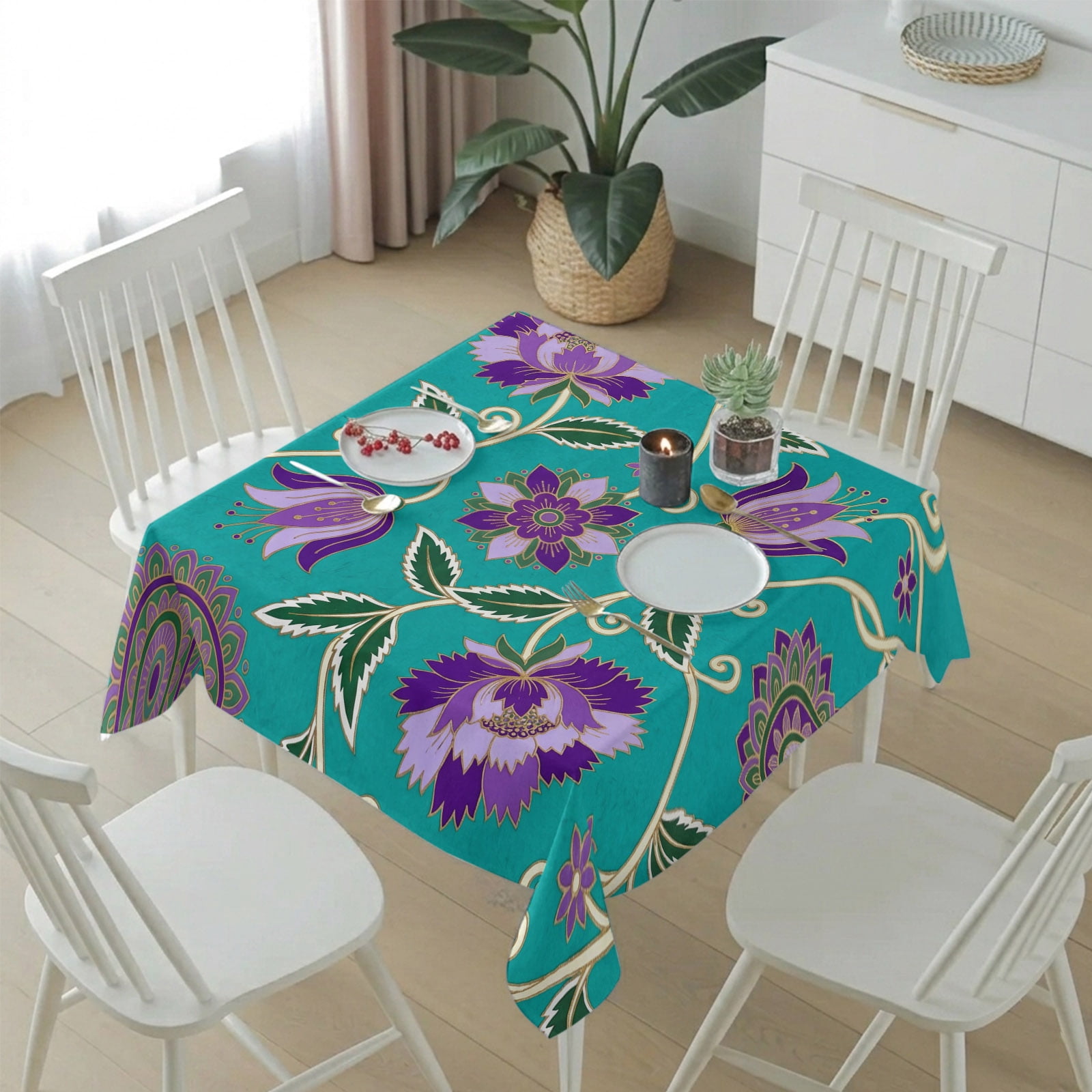 Bohemian Purple Flowers Table Cloth 54x54in, Waterproof Square ...