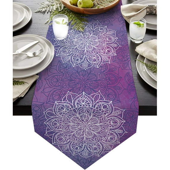 Bohemian Purple Mandala Flower Linen Table Runners Washable Dresser ...