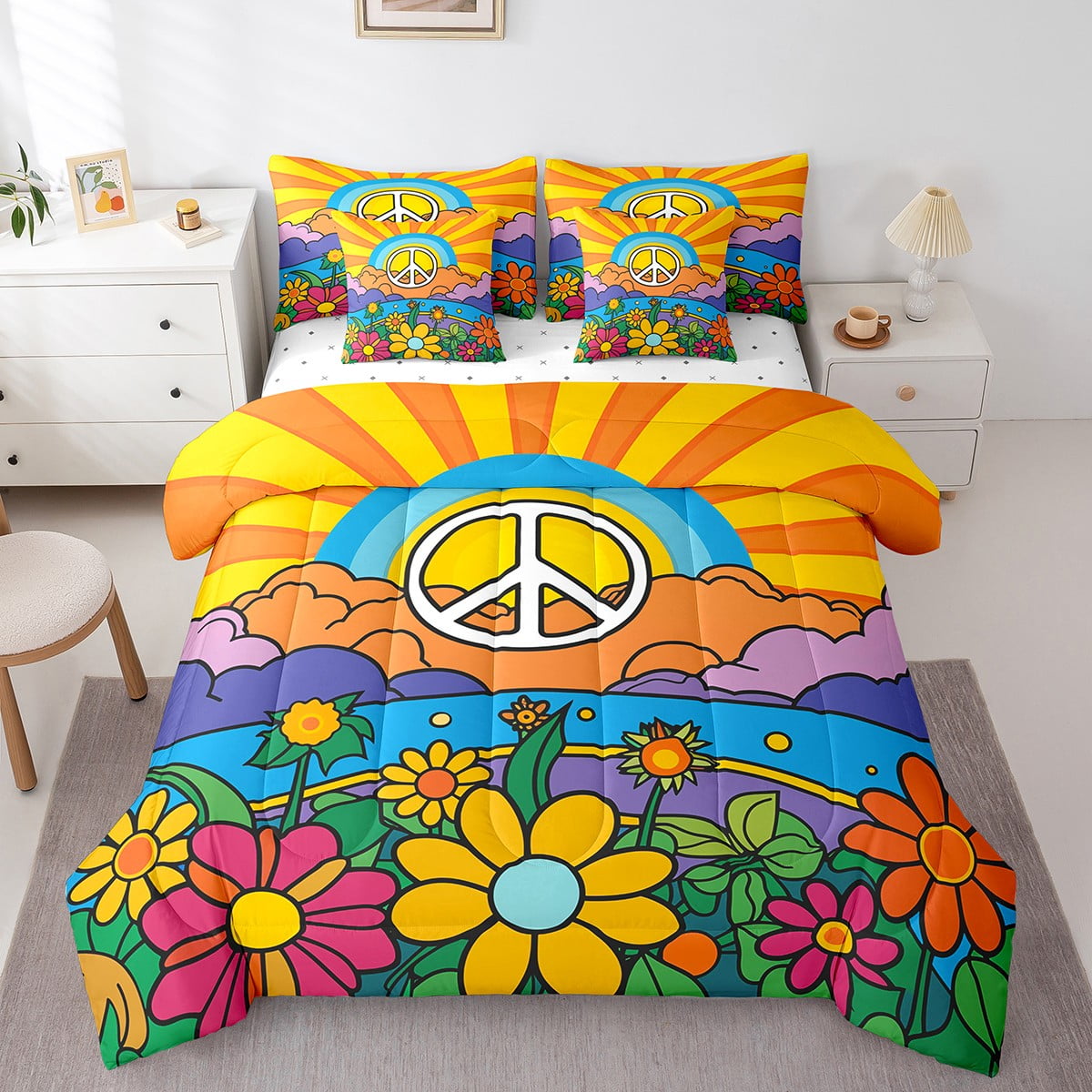 Bohemian Queen Comforter Set,Sun Moon Peace Sign 7 Pieces Bed in a Bag ...