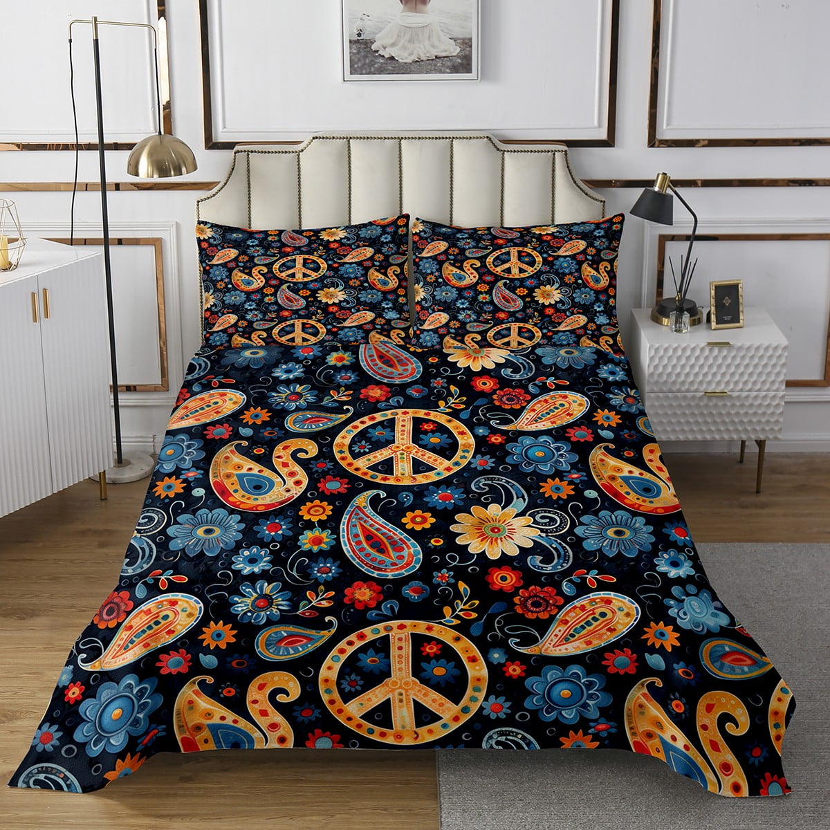 Bohemian Quilt Set Peace Sign Extoic Coverlet Set,Hoho Hippie Artwork ...