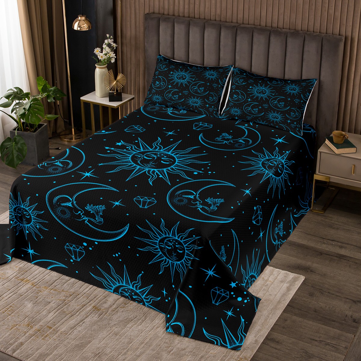 Bohemian Quilt Set Sun and Moon Decor Queen Bedspread Set for Girls ...