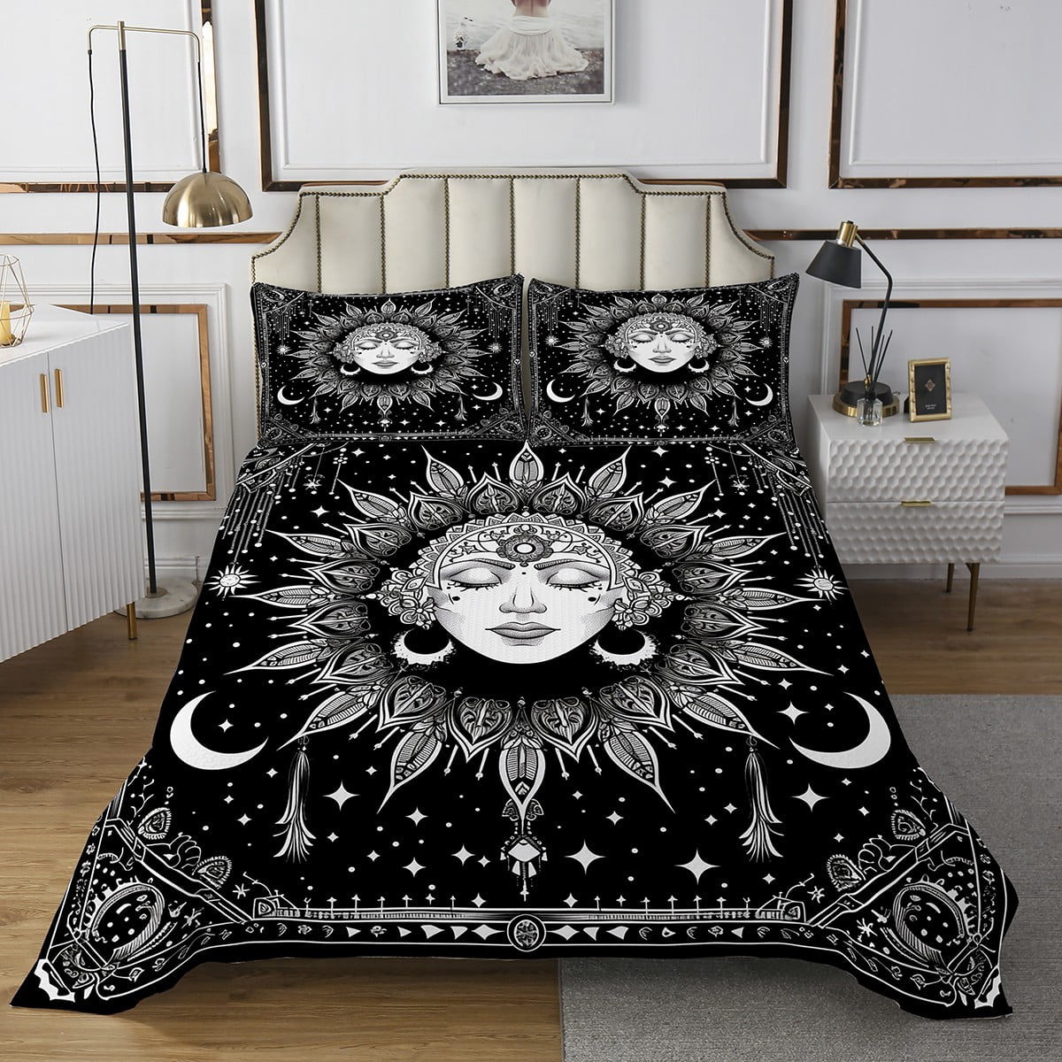 Bohemian Quilt Set Sun and Moon Coverlet Set,Black and White Bedspread ...