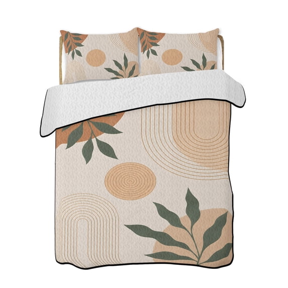 Bohemian Quilts Bedding Set Full Size Abstract Green Leaf Beige Lines ...
