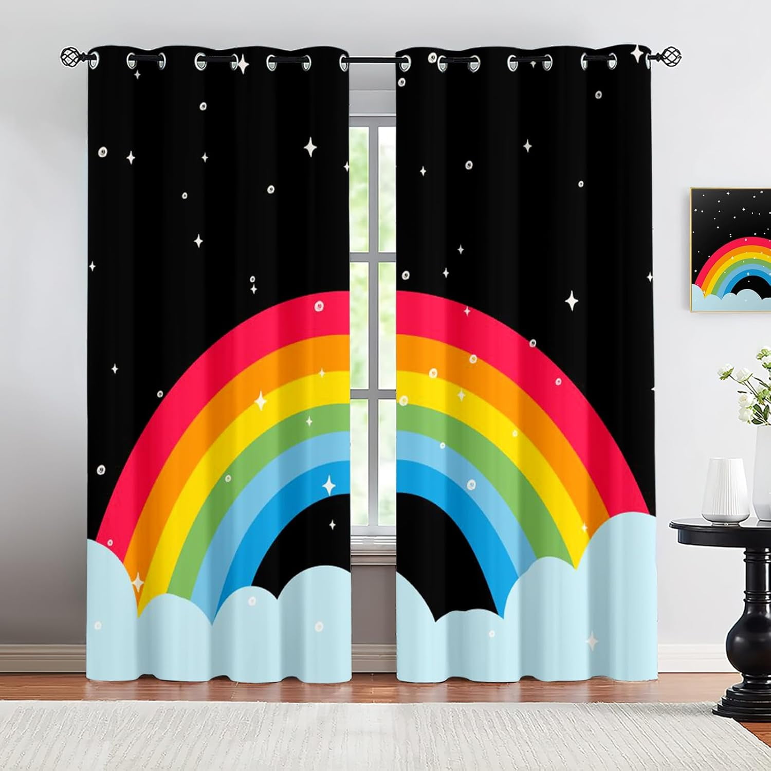 Bohemian Rainbow Lines 3D Printing Grommet Curtains, Black Window ...