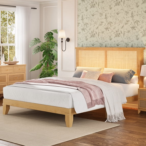 Bohemian Rattan Bed Frame Queen Size with Natural Rattan Headboard, LED ...