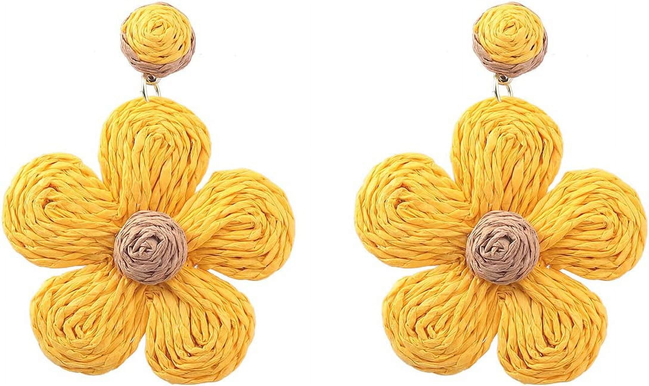Bohemian Rattan Flower Drop Dangle Earring for Women Boho Colorful Raffia Straw Wicker Statement ...
