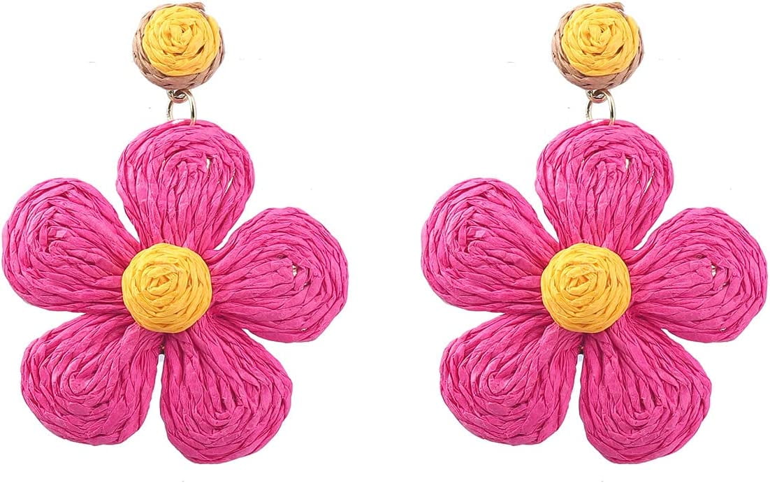 Bohemian Rattan Flower Drop Dangle Earring for Women Boho Colorful Raffia Straw Wicker Statement ...