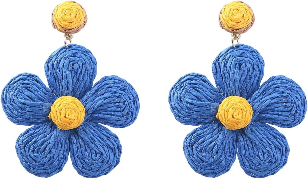 Bohemian Rattan Flower Drop Dangle Earring for Women Boho Colorful Raffia Straw Wicker Statement ...