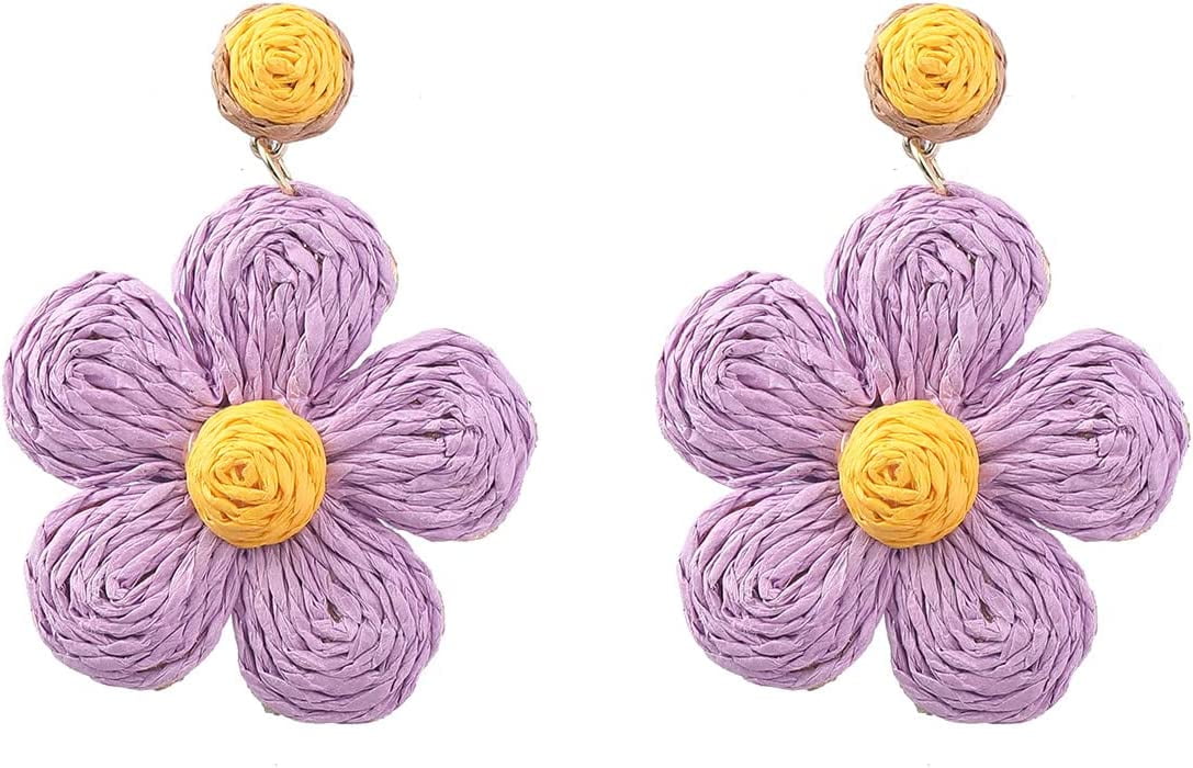 Bohemian Rattan Flower Drop Dangle Earring for Women Boho Colorful Raffia Straw Wicker Statement ...