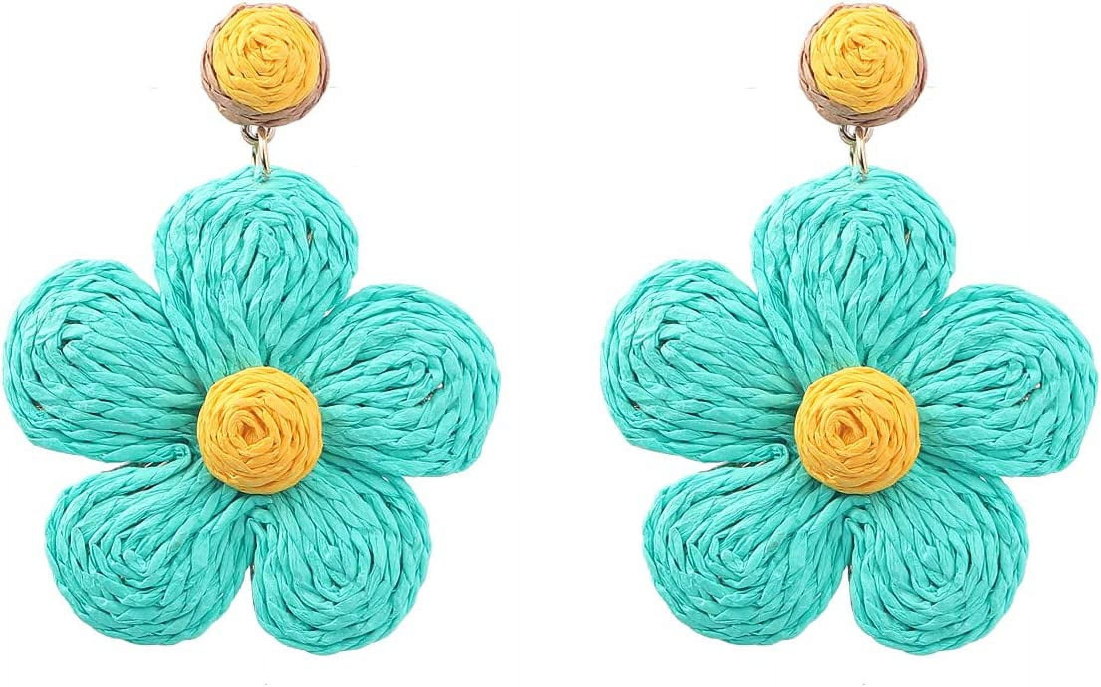 Bohemian Rattan Flower Drop Dangle Earring for Women Boho Colorful Raffia Straw Wicker Statement ...