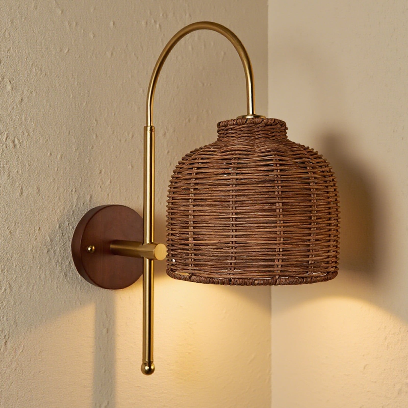 Bohemian Ratten Pendant Light , Rattan Shade and Arching Metal Arm ...
