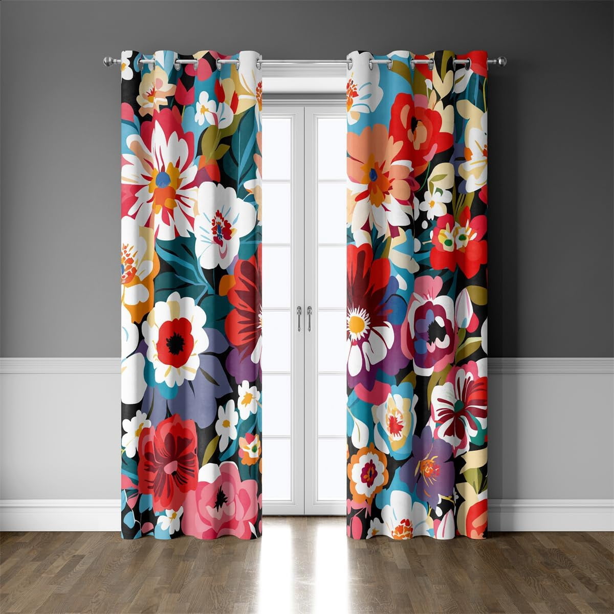 Bohemian Red Floral Blackout Curtains Aesthetic Art Boho Multicolor ...