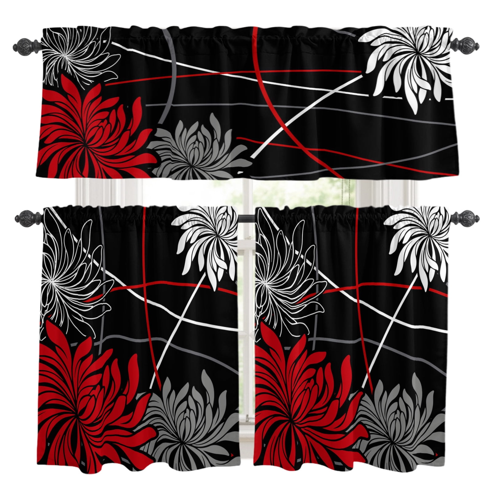 Bohemian Red Floral Kitchen Curtains and Valances Set, Modern Artistic ...