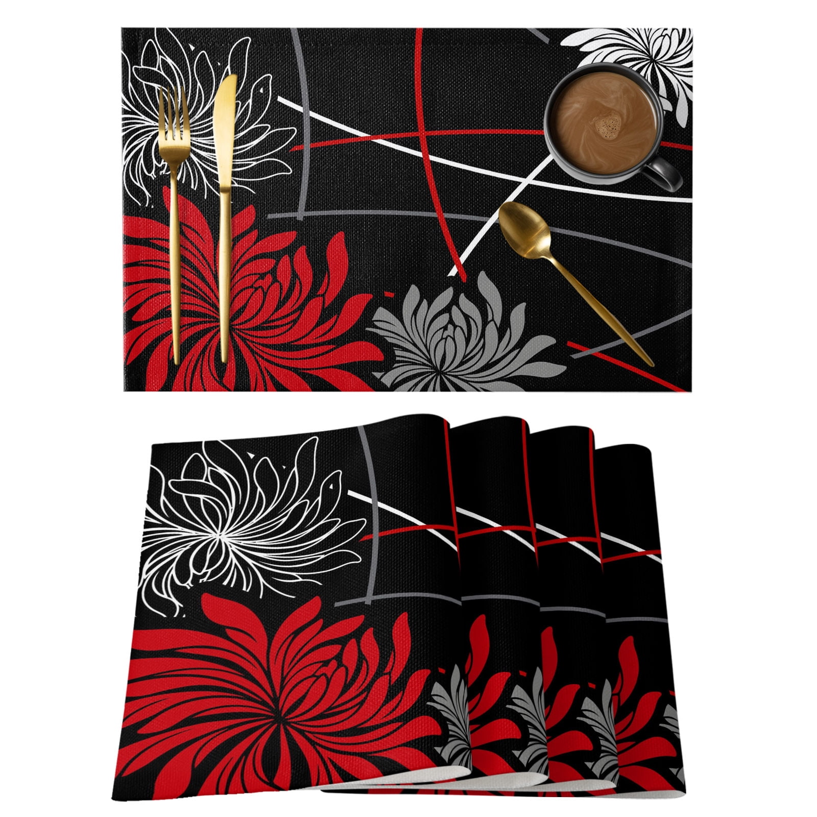 Bohemian Red Floral Placemats Set of 1, Modern Artistic Grey White ...