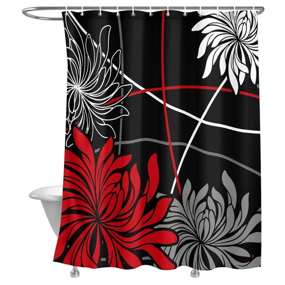 Bohemian Red Floral Shower Curtain, Modern Artistic Grey White Flowers ...
