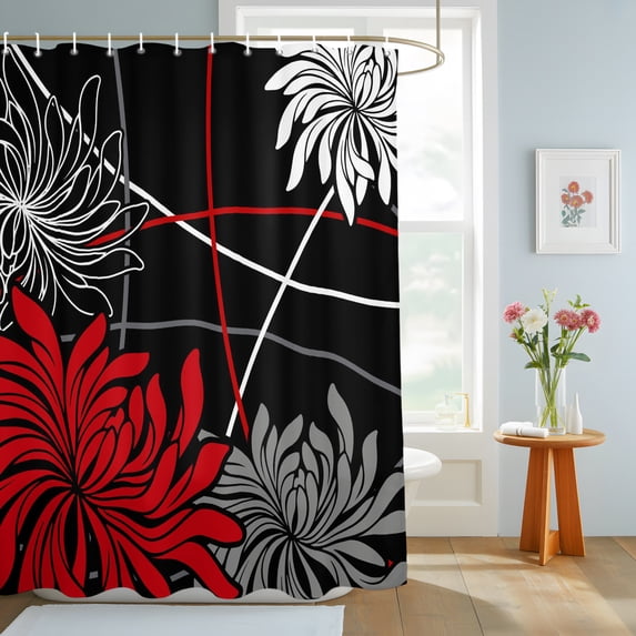 Bohemian Red Floral Shower Curtain, Modern Artistic Grey White Flowers ...