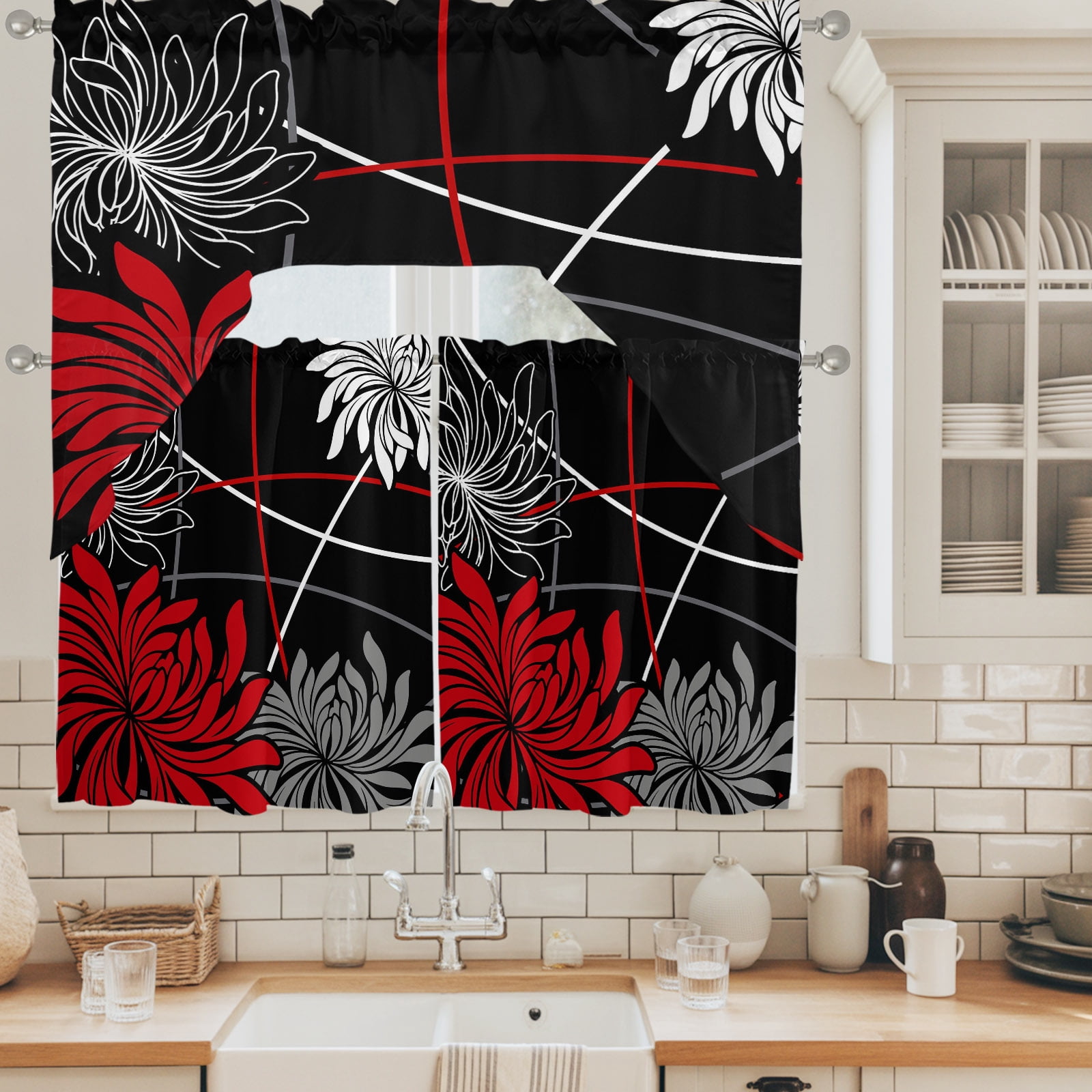 Bohemian Red Floral Swag Curtains Valance and Tier Set, Modern Artistic ...