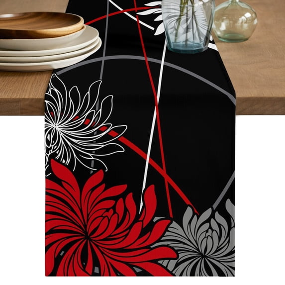 Bohemian Red Floral Table Runner, Modern Artistic Grey White Flowers ...