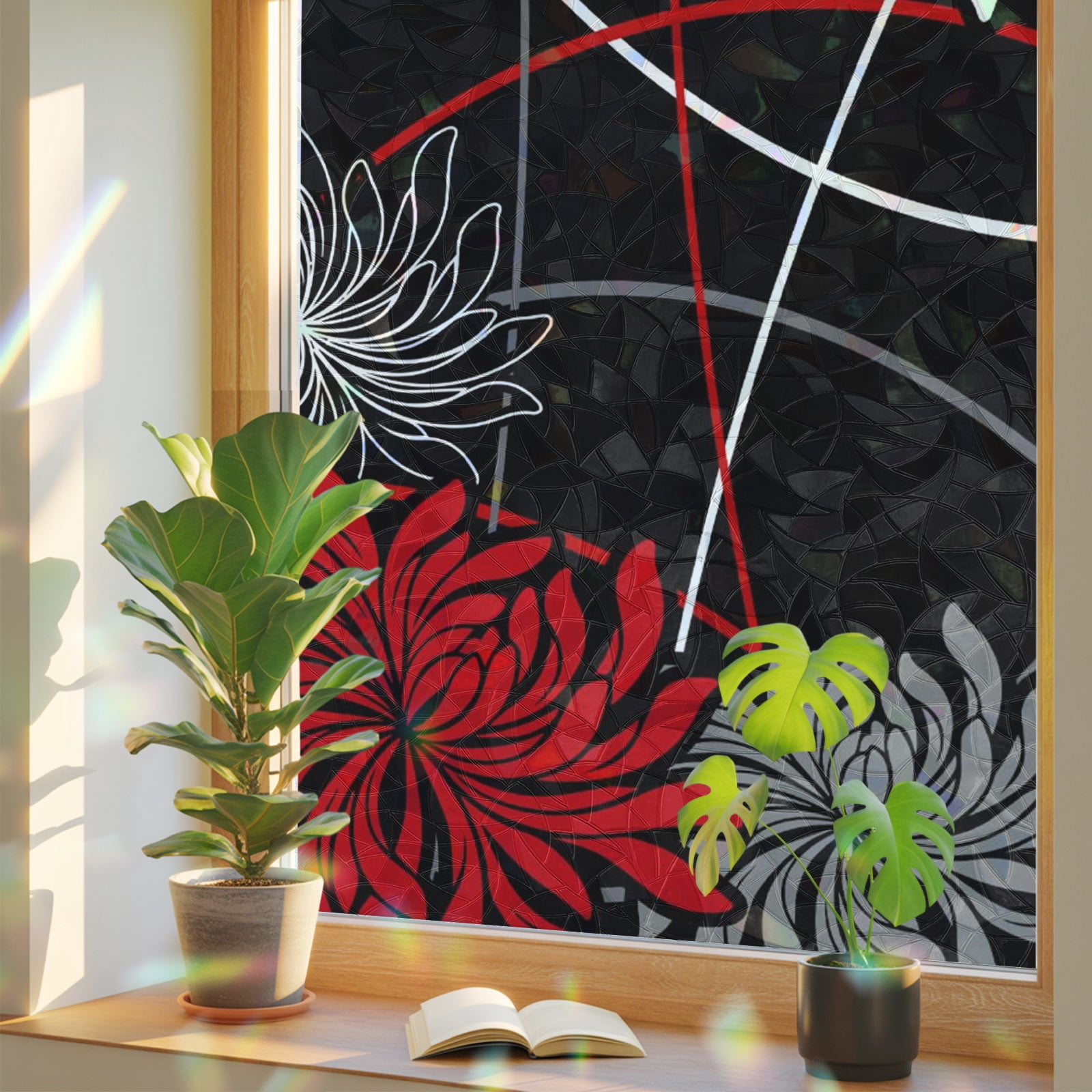 Bohemian Red Floral Window Privacy Film, Modern Artistic Grey White ...
