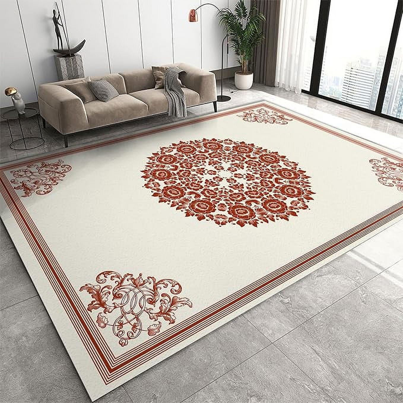 Bohemian Red Pattern Area Rug, Simple Beige Background Home Decor Rug ...