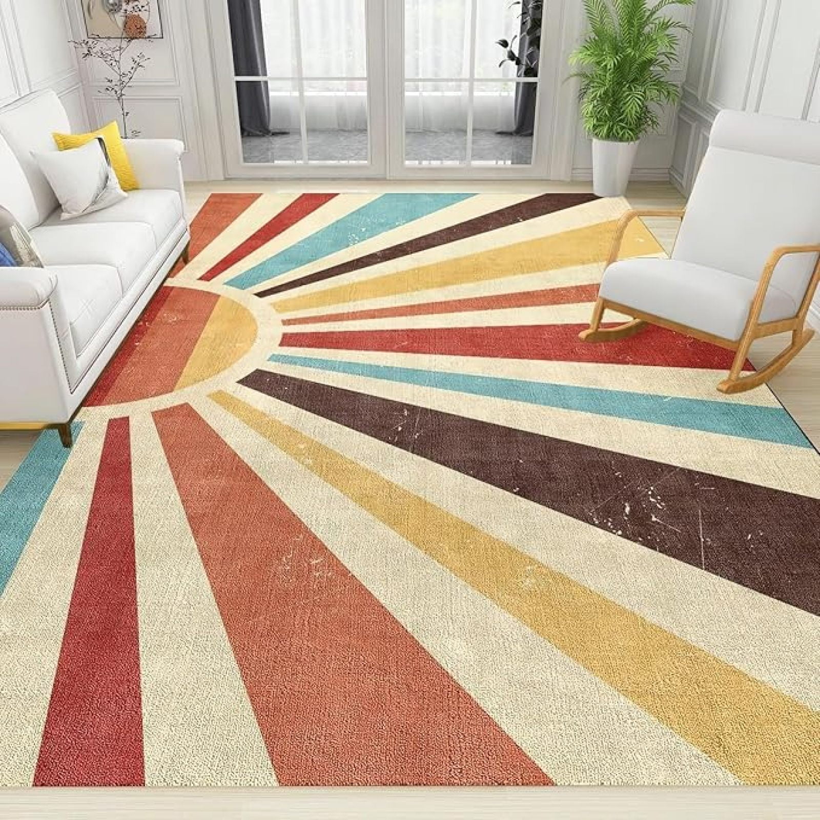 Bohemian Retro Abstract Rainbow Sun Area Rugs, Medieval Colorful Lines ...
