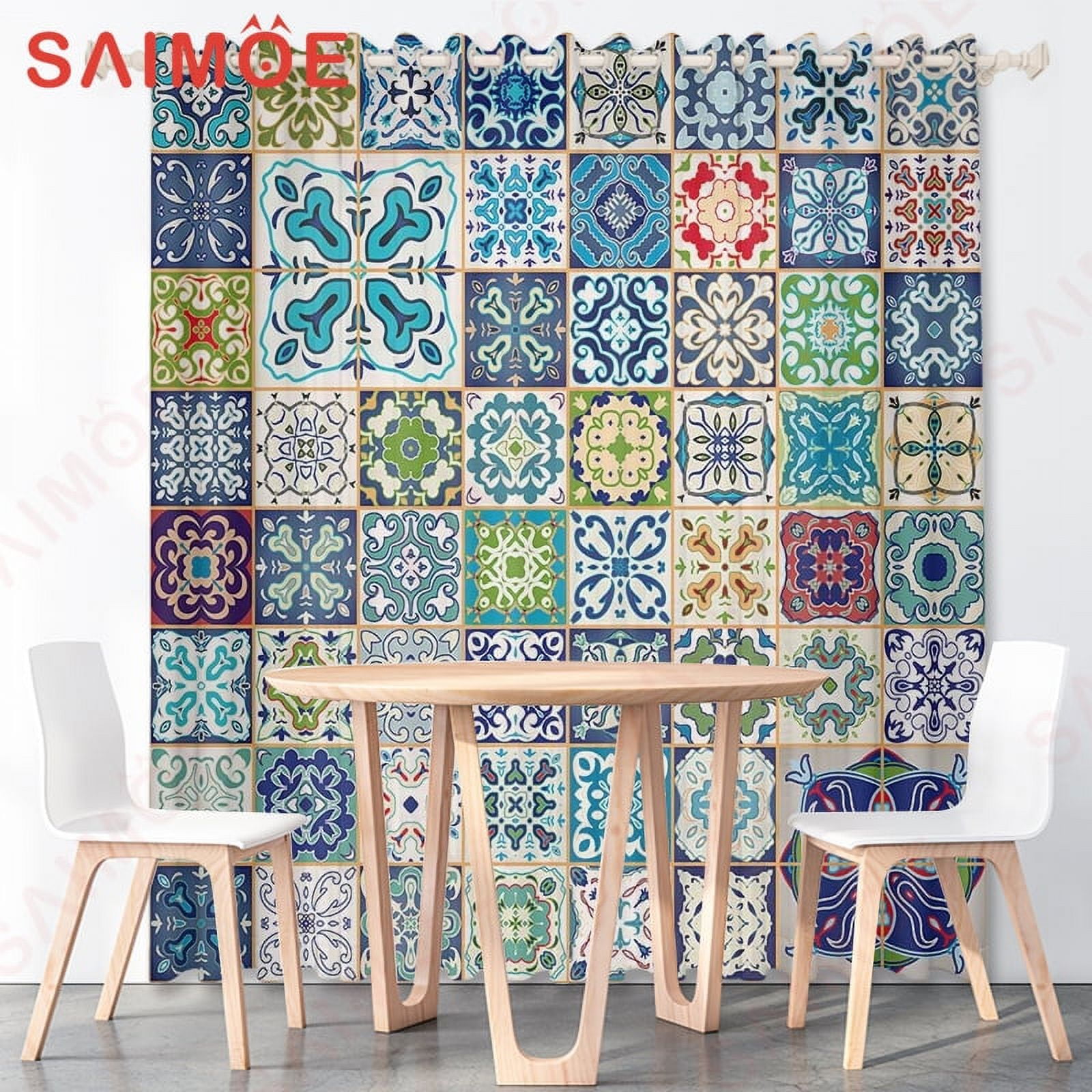 Bohemian Retro Ethnic Blue Square Curtains Living Room Window Curtains ...