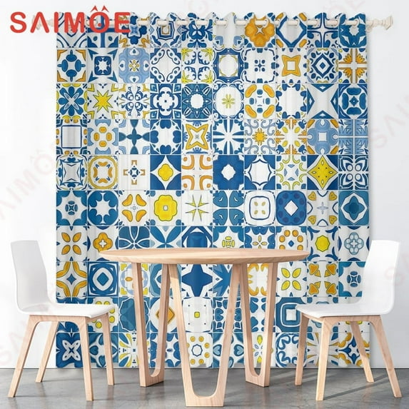 Bohemian Retro Ethnic Blue Square Curtains Living Room Window Curtains ...