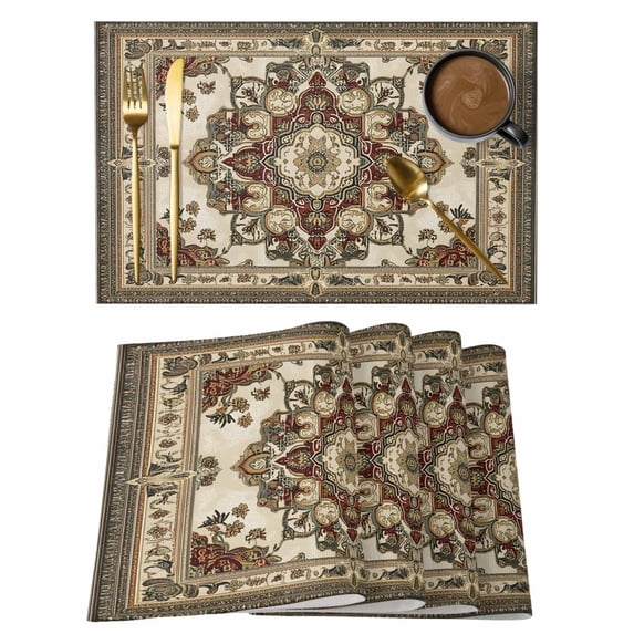 Bohemian Retro Flower Pattern Placemats Set of 6,Wipeable Washable ...