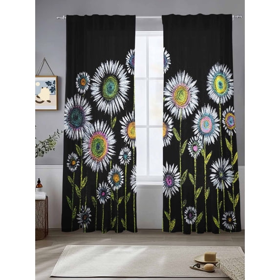 Bohemian Retro Mystery White Flowers Chiffon Sheer Curtains 84 Inches ...