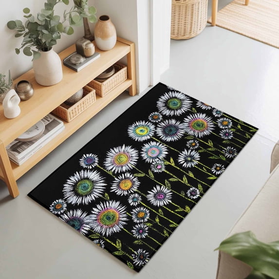 Bohemian Retro Mystery White Flowers Rectangle Rug 2'x3' Black ...