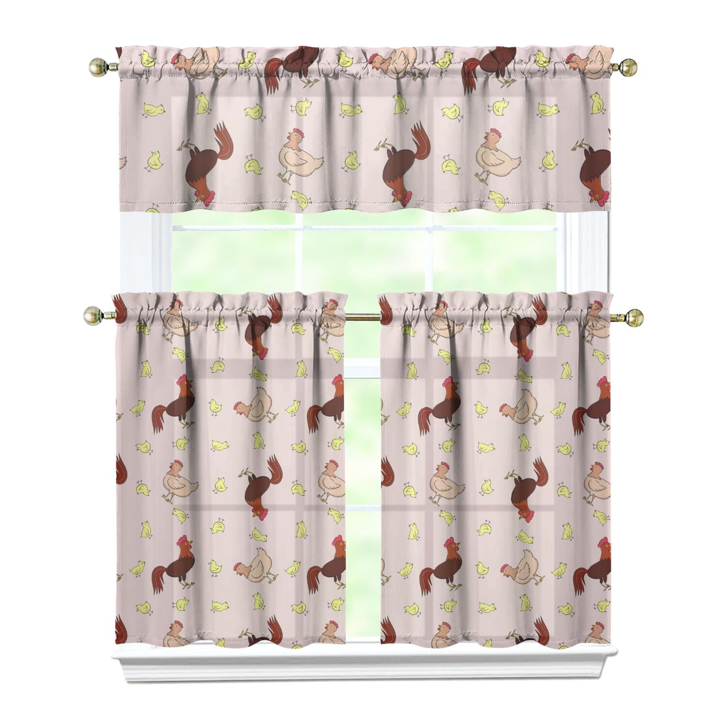 Bohemian Rooster & Nature Art Kitchen Curtains Set - 3 Tier Panels with ...