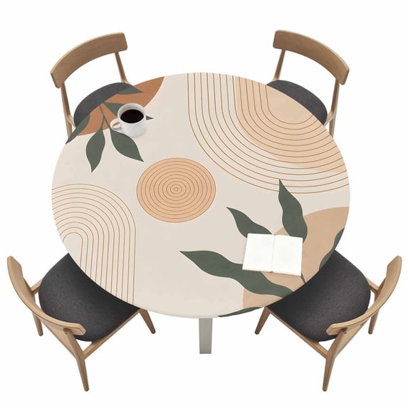 Bohemian Round Fitted Table Cover Abstract Green Leaf Beige Lines ...