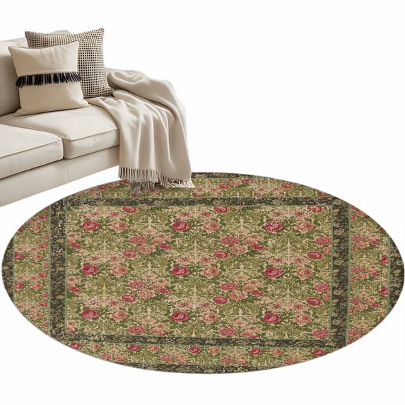 Bohemian Round Rug 3.3Ft Vintage Red Flowers Texture Traditional Ethnic ...