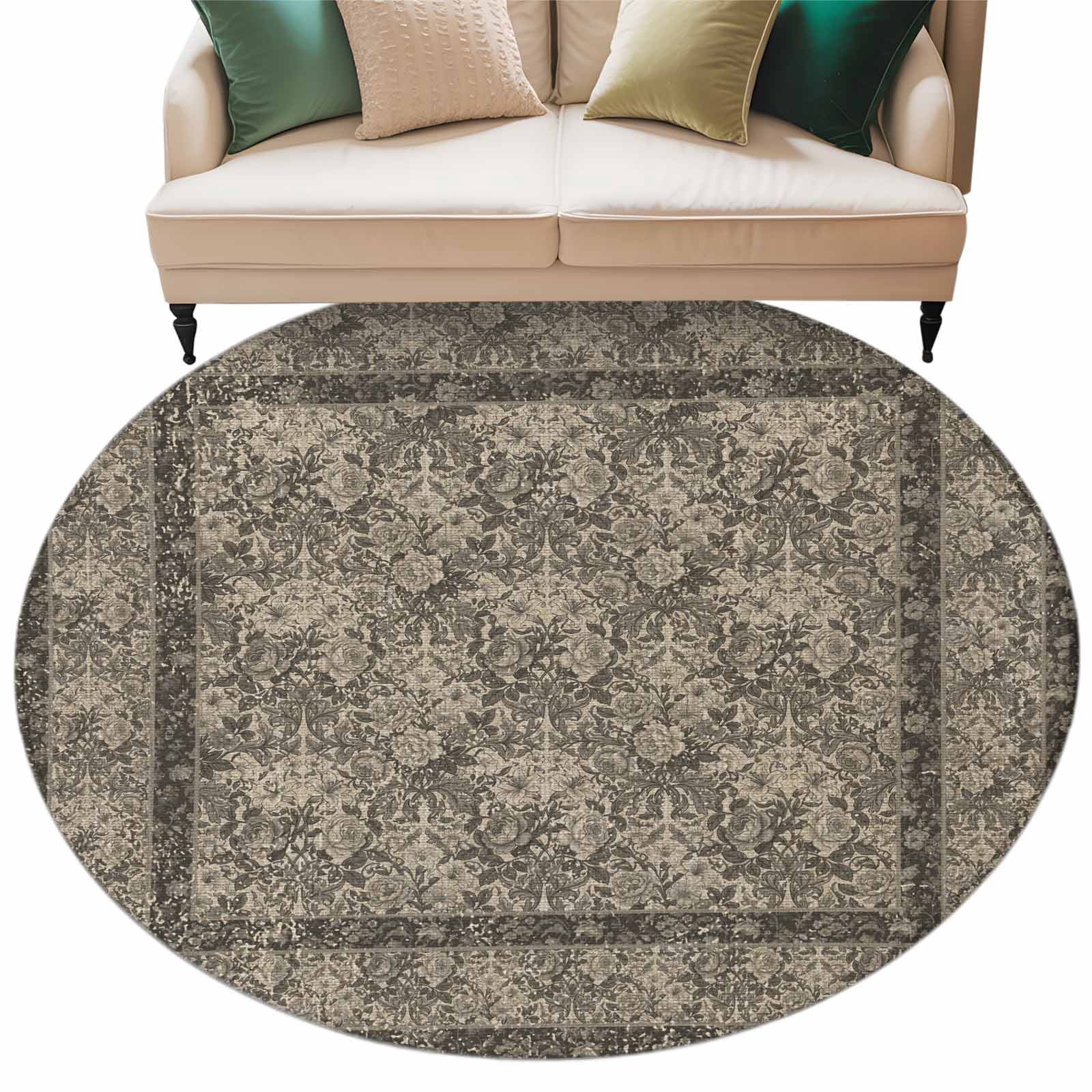 Bohemian Round Rug 6Ft Dark Green Vintage Flowers Texture Traditional ...