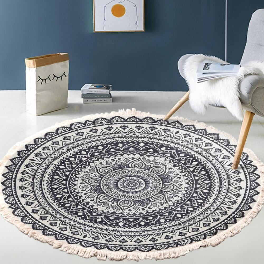 Bohemian Round Rugs,Non-Slip Boho Mandala Tassels Woven Cotton Circle ...