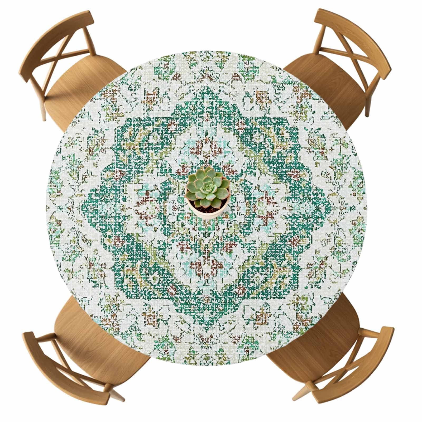 Bohemian Round Table Cover, Vintage Distressed Light Green Ethnic ...