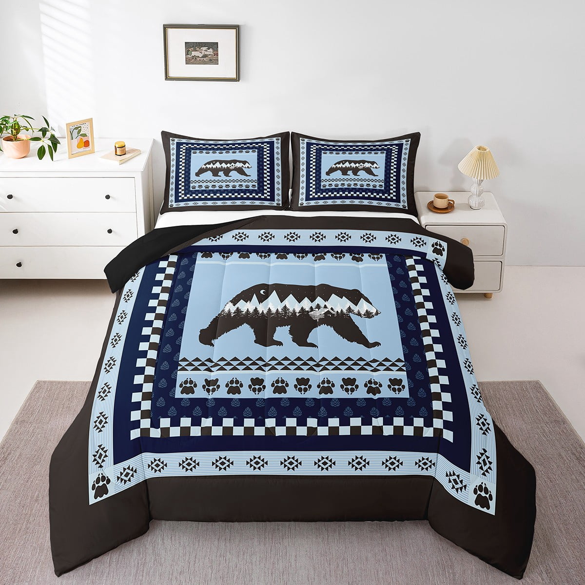 Bohemian Rustic Cabin Lodge Bedding Set Queen,Blue Gray Bear Wild ...
