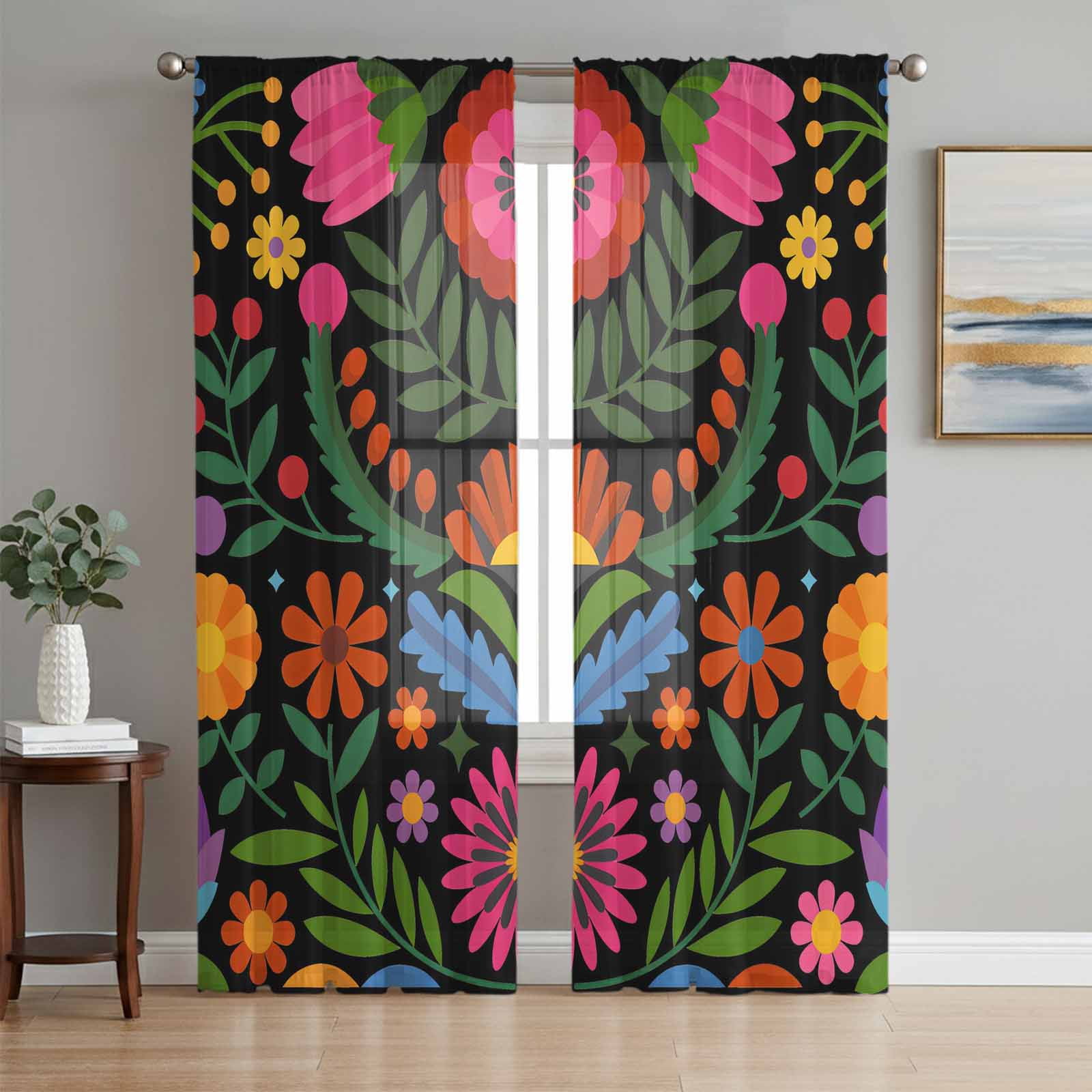 Bohemian Sheer Curtains 96 Inch Length 2 Panels Set, Red Green Tribal ...