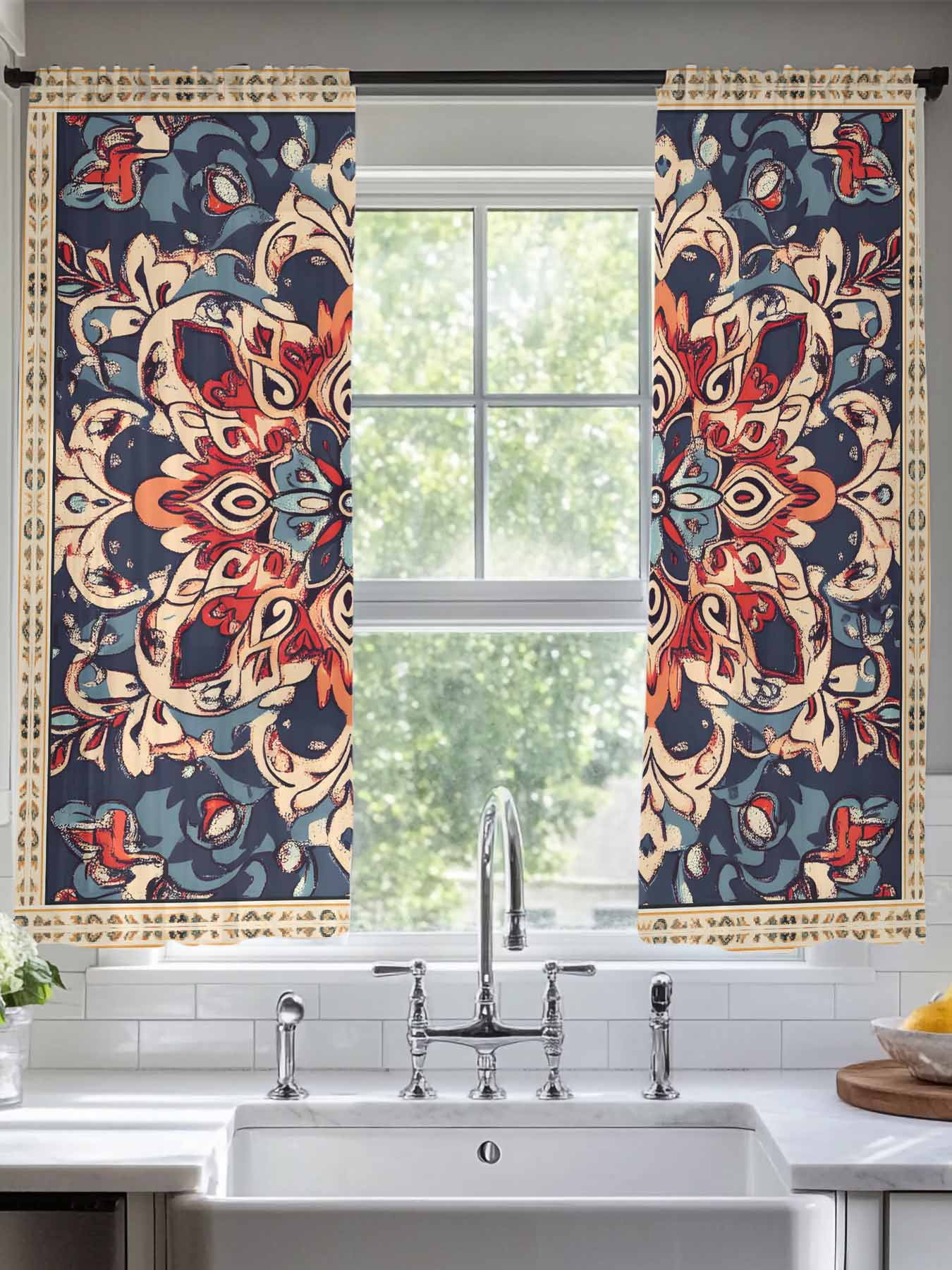 Bohemian Sheer Curtains for Living Room Bedroom Blue Retro Boho Ethnic ...