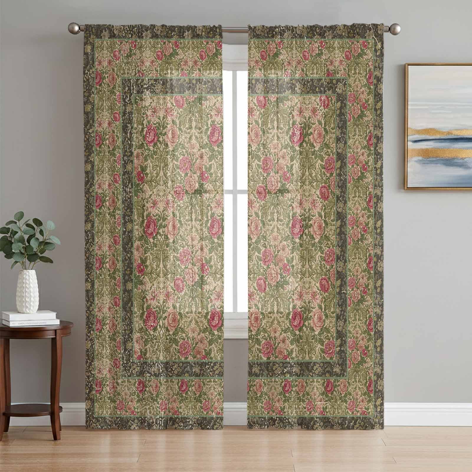 Bohemian Sheer Curtains for Living Room Bedroom, Vintage Red Flowers ...