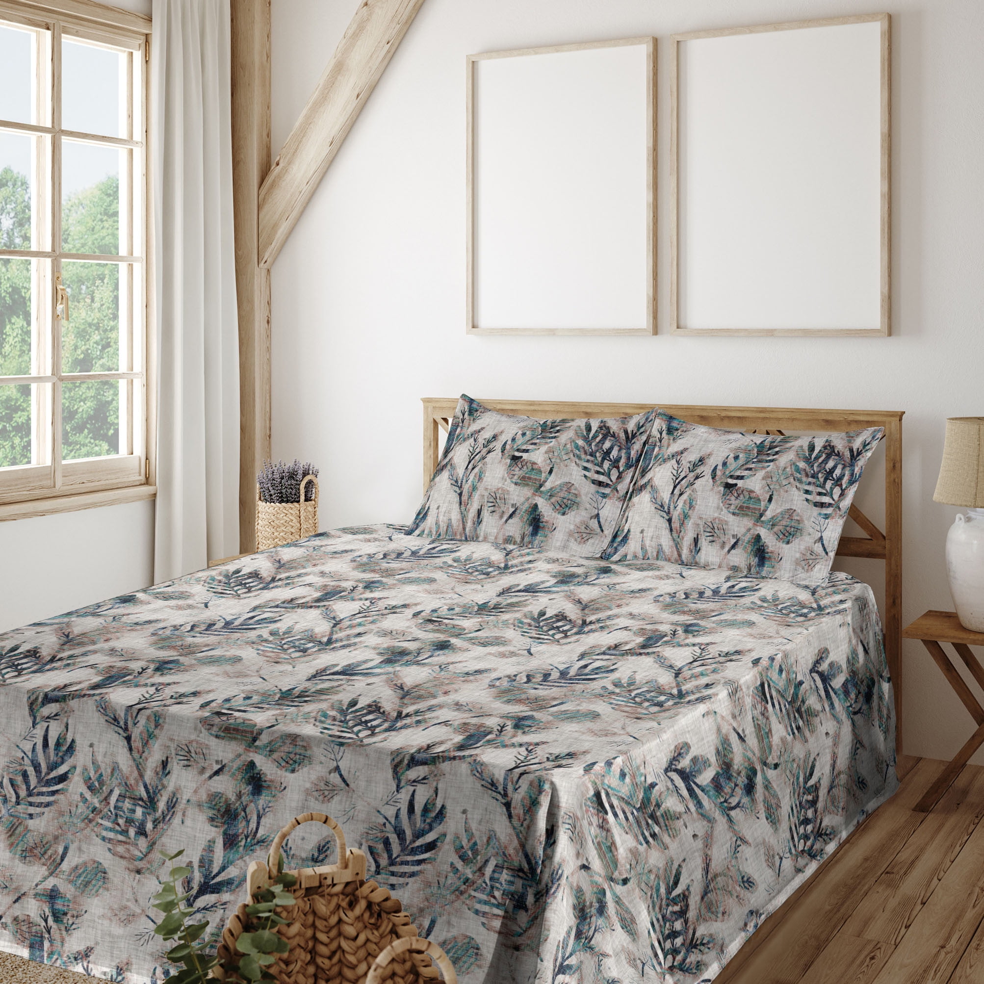 Bohemian Sheet Set, Feather Look Leaves Aged Weathered Effect Vintage Themed Art Print, Fitted ...