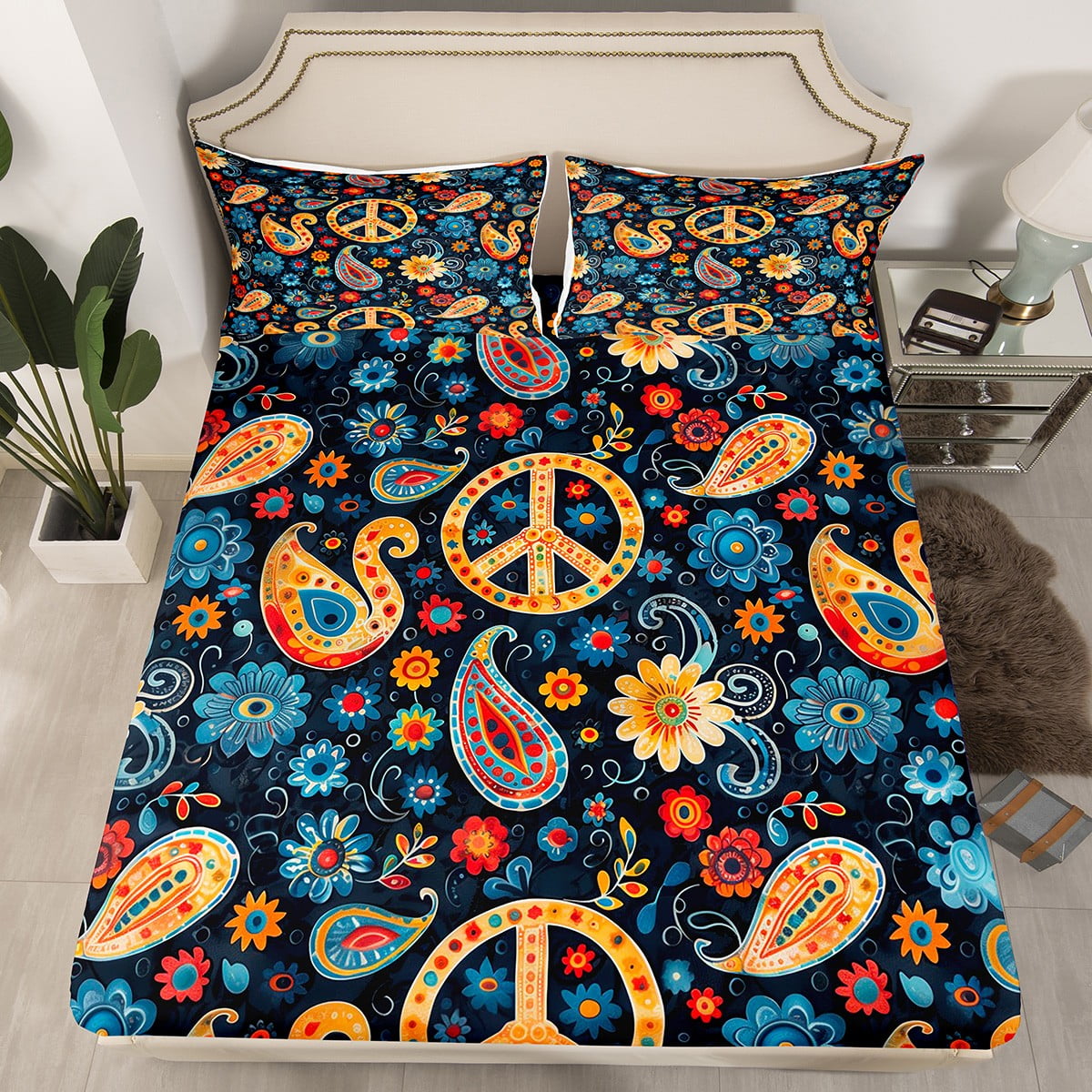 Bohemian Sheets Peace Sign Extoic Bed Sheets,Hoho Hippie Artwork Fitted ...