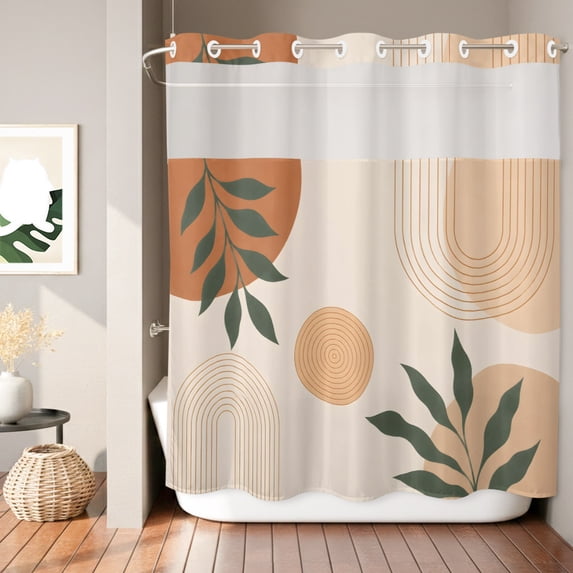 Bohemian Shower Curtain, Abstract Green Leaf Beige Lines Circle ...