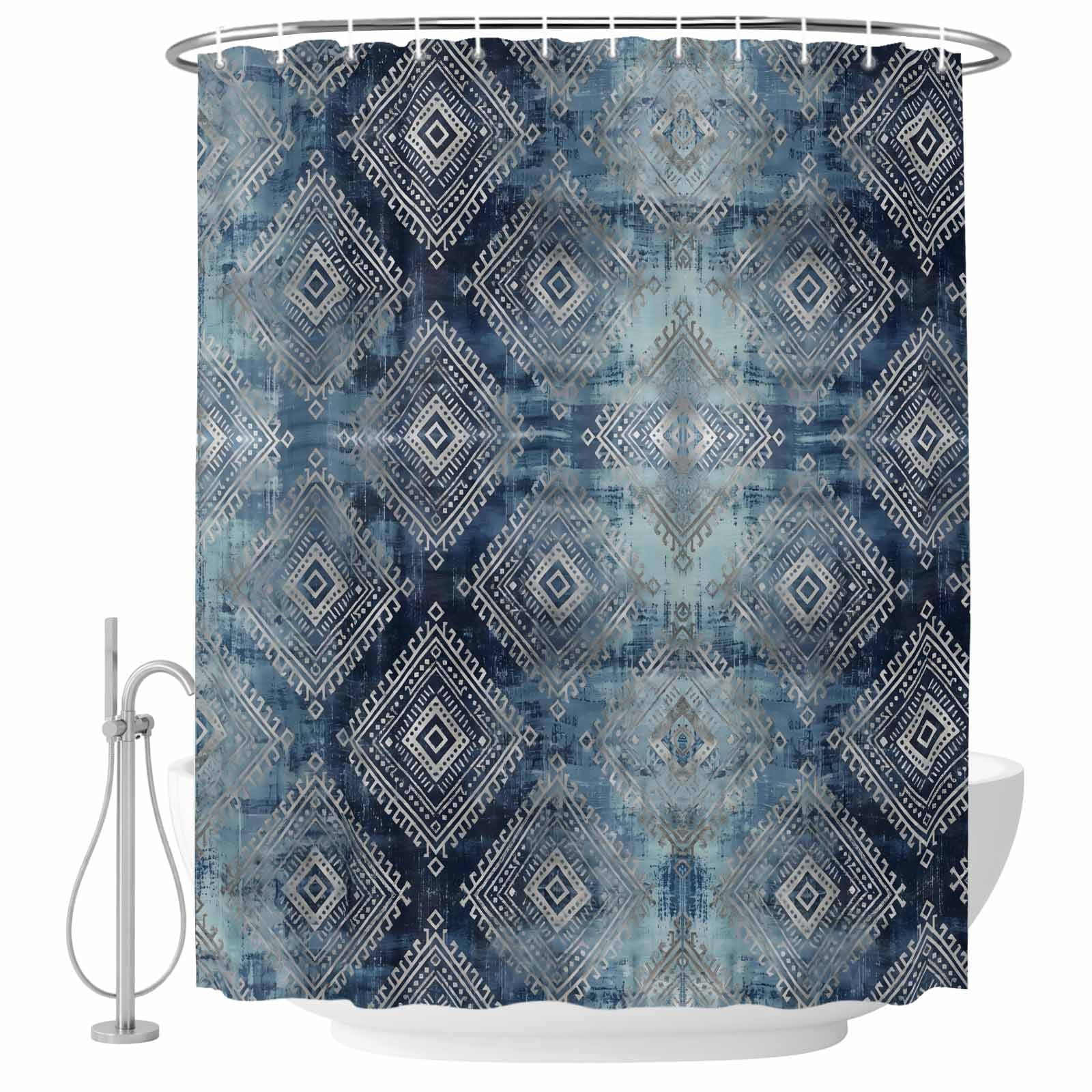 Bohemian Shower Curtain for Bathroom, Blue Mottled Tribal Geometric ...