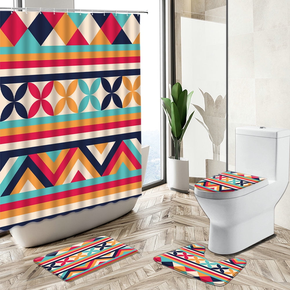 Bohemian Shower Curtain Geometric Stripe Design Bathroom Set Foreign ...