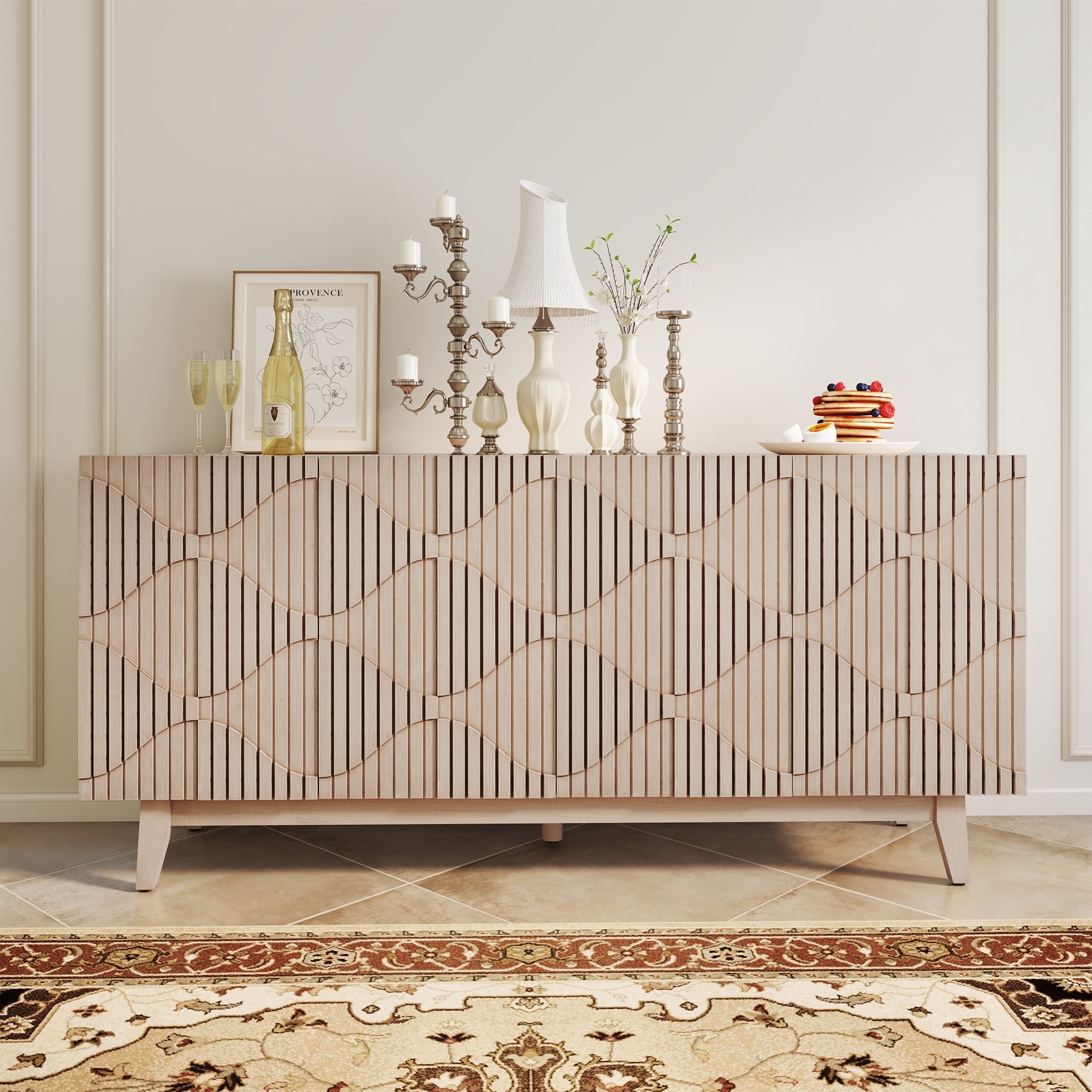 Bohemian Sideboard with Solid Wood Legs ,Buffet Cabinet with Painted ...