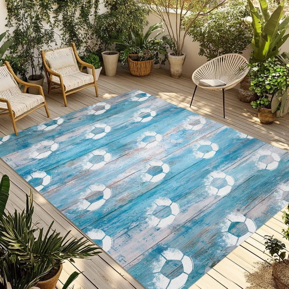 Bohemian Soccer Outdoor Rug, Rustic Boho Farmhouse Football Match Blue ...